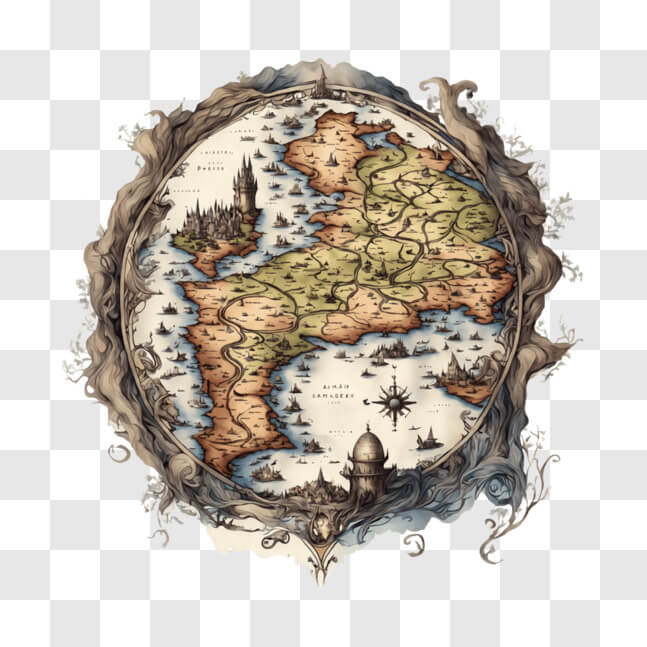 Download Vintage World Map in Circular Frame with Decorative Elements ...