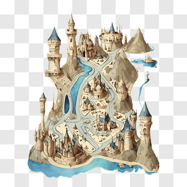 Download Fantasy Map with Castles, Rivers, and Waterfalls Illustration ...