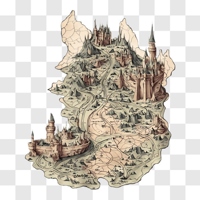 Download Fantasy-themed Map Illustration with Castles and Rivers PNGs ...