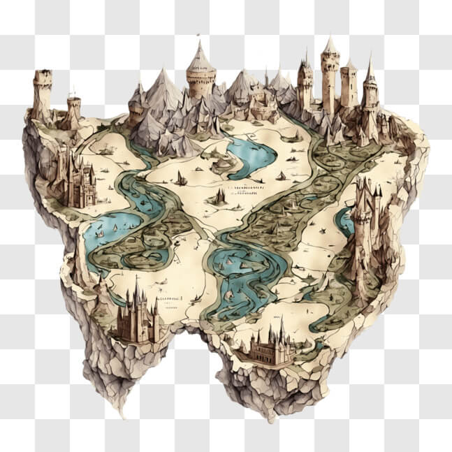 Download Fantasy Map Illustration with Castles, Rivers, and Lakes on an ...