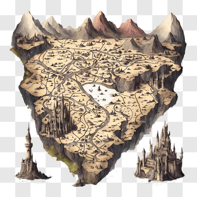Download Imaginary World Map Artwork with Castles and Mountains PNGs ...
