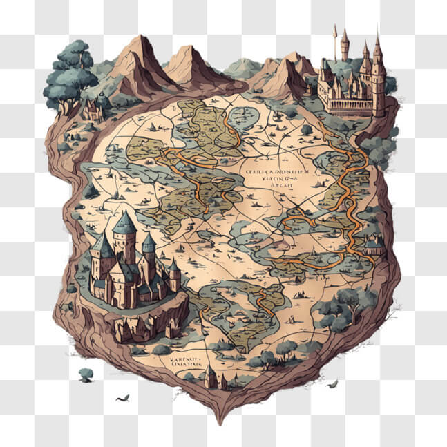 Download Vintage Illustrated World Map with Castles and Cities PNGs ...