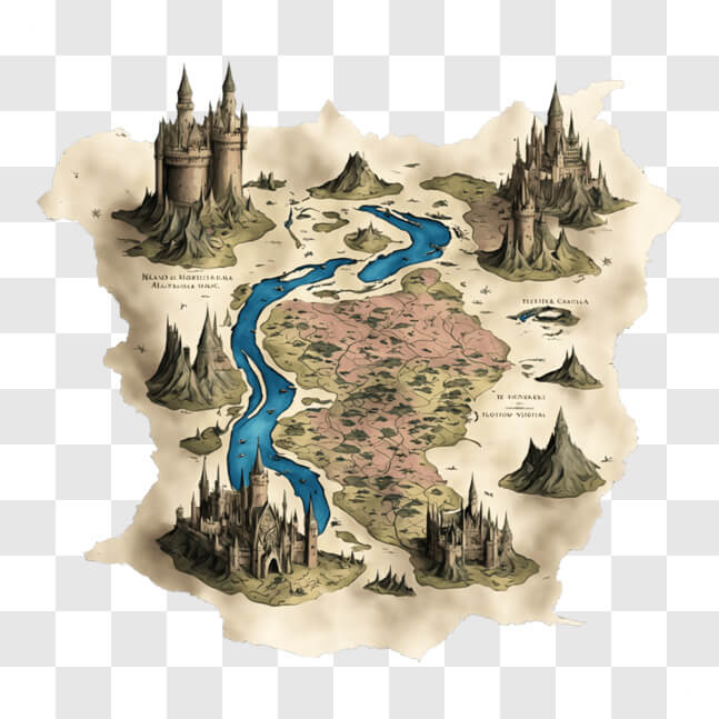 Download Imaginary World Map with Castles, Rivers, and Waterfalls PNGs ...