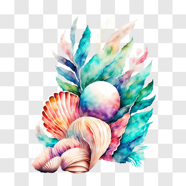 Download Vibrant Watercolor Painting of Seashells and Flowers PNG ...