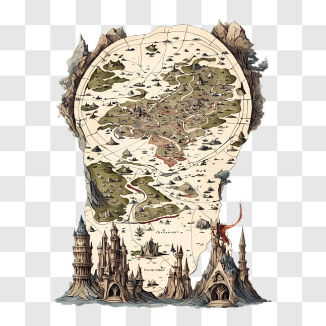 Download Imaginary World Map Illustration with Buildings and Characters ...