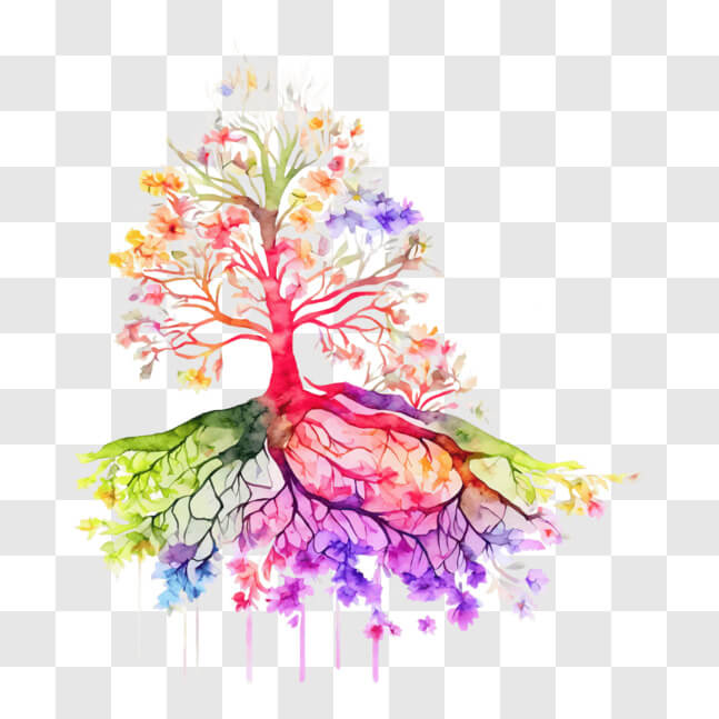 Download Colorful Tree with Roots and Flowers on Black Background PNGs ...