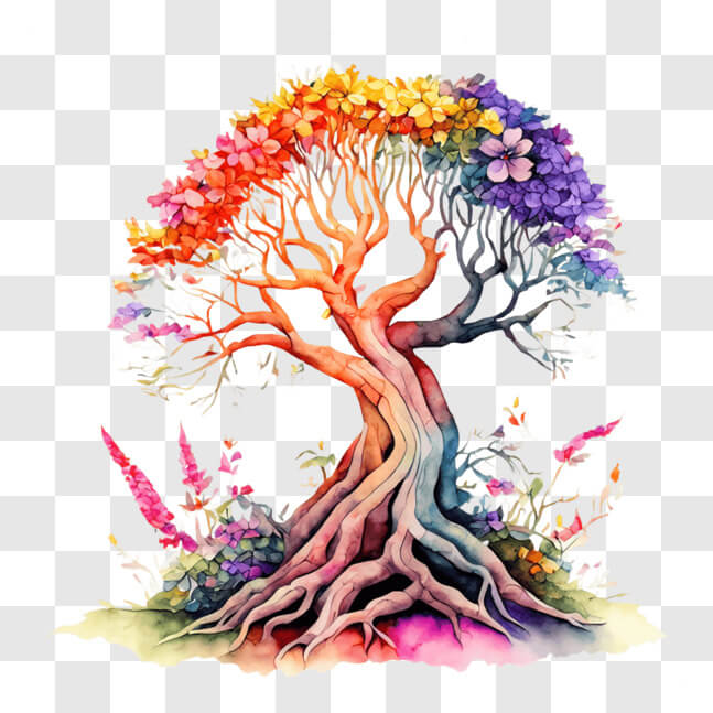 Download Colorful Tree with Vibrant Roots and Flowers PNGs Online ...