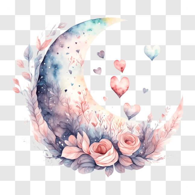 Download Watercolor Crescent with Pink Flowers and Hearts PNGs Online ...