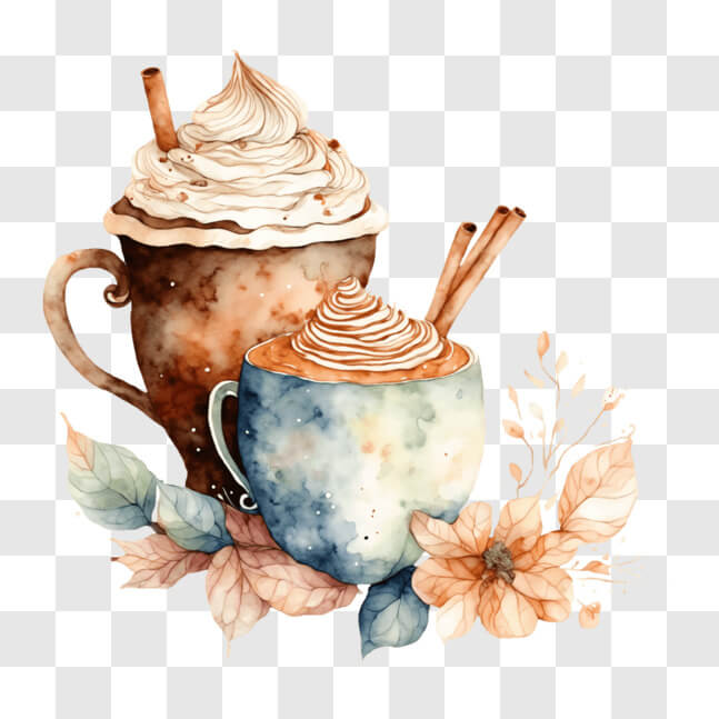 Download Coffee Cups Watercolor Painting with Whipped Cream and Flowers ...