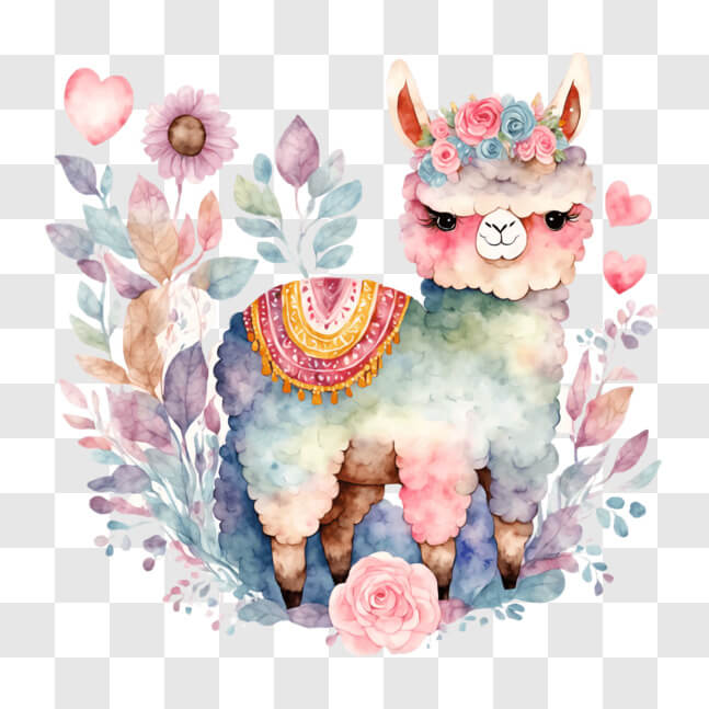 Download Colorful Watercolor Alpaca Painting with Floral Background ...