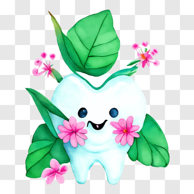 Download Cartoon Tooth with Pink Flowers and Green Leaves - Dental ...