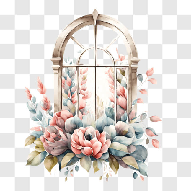 Download Watercolor Painting of Arched Window with Floral Frame PNGs ...