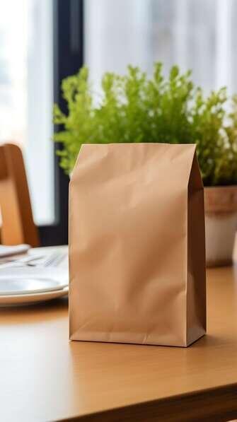 Download Brown Paper Bag on Wooden Dining Table with Plates and Forks ...