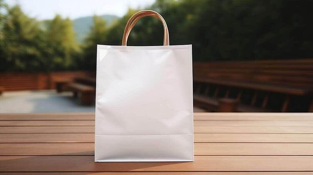 Download White Paper Bag on Outdoor Wooden Table Mockups Online ...