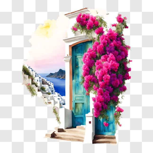 Download Scenic Blue Door and Pink Flowers in Greece with Ocean View ...