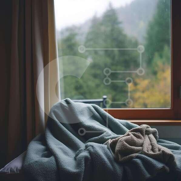 Cozy Blue Blanket on Window Sill with Nature View stock photo ...
