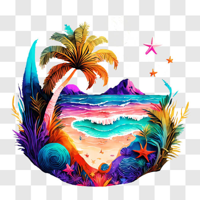 Download Colorful Beach Scene with Palm Trees, Seashells, and Starfish ...