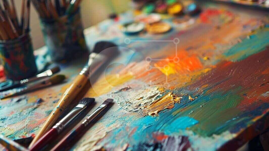 Artist's Easel with a Variety of Paints and Brushes stock photo ...