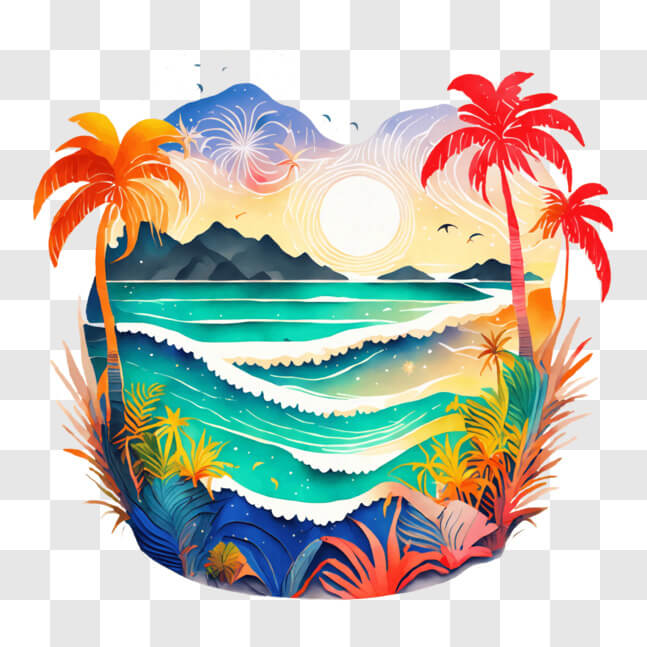 Download Colorful Beach Illustration with Palm Trees, Waves, and ...