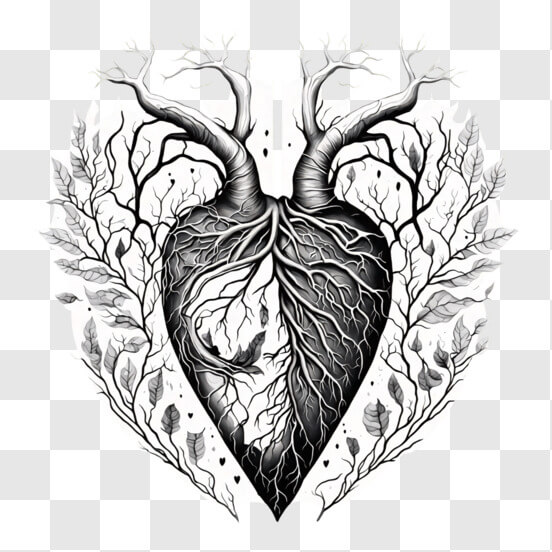 Download Black and White Human Heart Drawing with Leaves and Branches ...