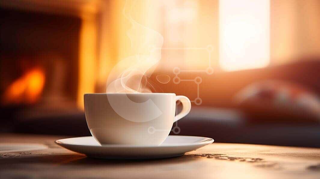 Cozy Coffee Cup and Fireplace Scene stock photo | Creative Fabrica