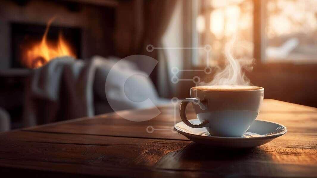 Cozy Coffee and Fireplace Scene with Bread stock photo | Creative Fabrica