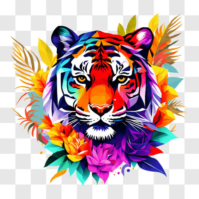 Download Colorful Tiger Head with Flowers and Leaves PNGs Online ...