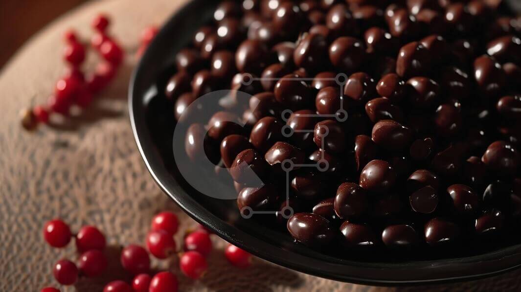 Dark Chocolate and Red Berries in a Stylish Black Bowl stock photo ...