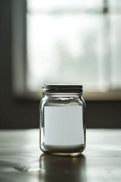 Download Clear Glass Jar with Empty White Label on Table Mockups Online ...