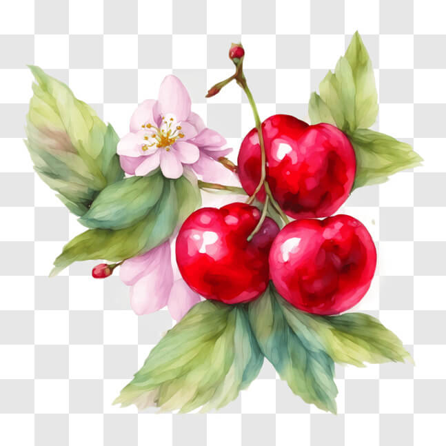 Download Cherry Watercolor Painting with Pink Blossoms and Green Leaves ...