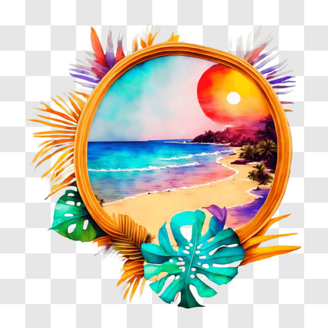 Download Colorful Beach Sunset Frame with Tropical Leaves and Palm ...