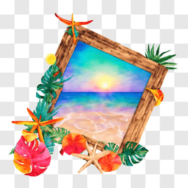 Download Tropical Beach Sunset Wooden Frame with Seashells and Starfish ...