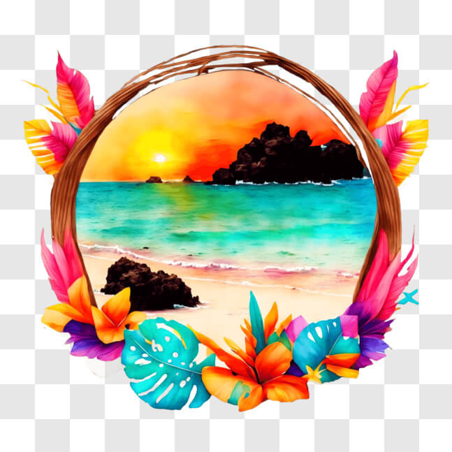 Download Colorful Tropical Sunset Beach Frame with Flowers PNGs Online ...