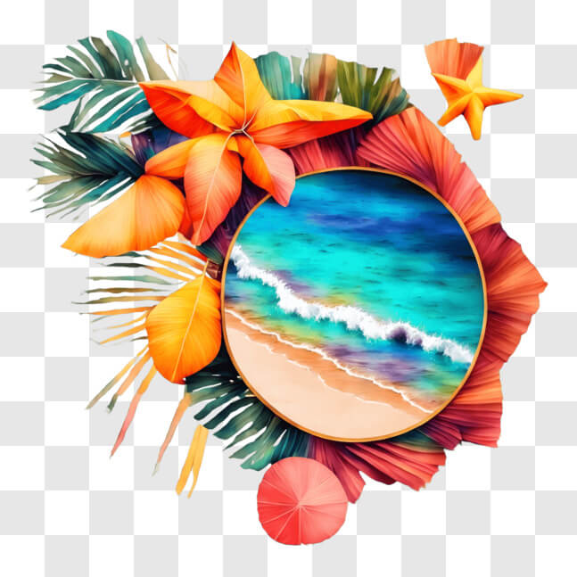Download Colorful Beach Scene with Palm Trees, Starfish, and Seashells ...