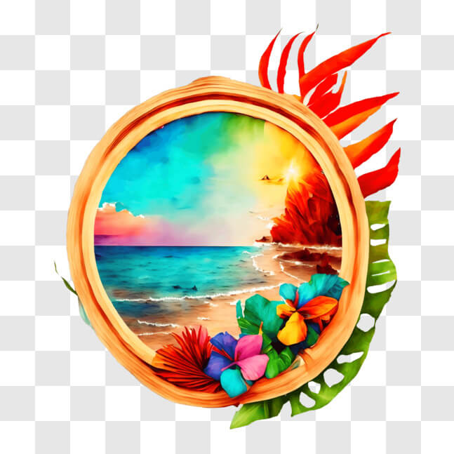 Download Round Floral Frame with Beach Image and Palm Trees PNGs Online ...