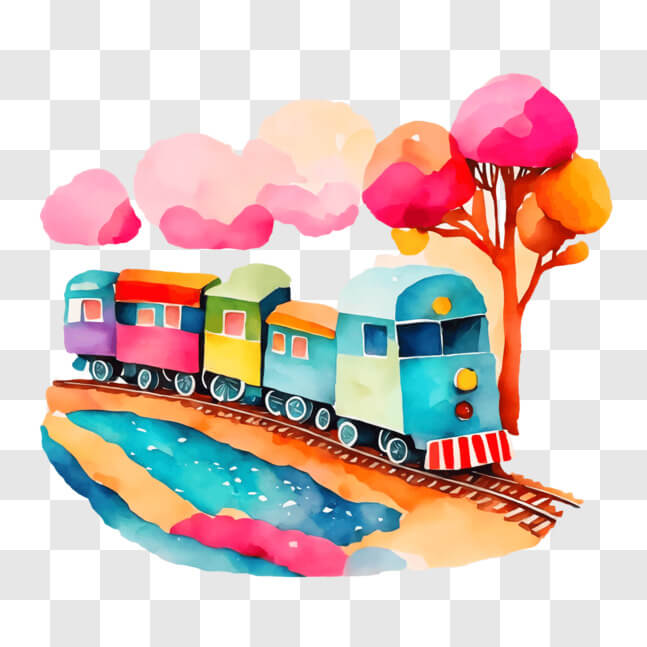 Download Colorful Train Traveling Along Tracks with Trees and Flowers ...