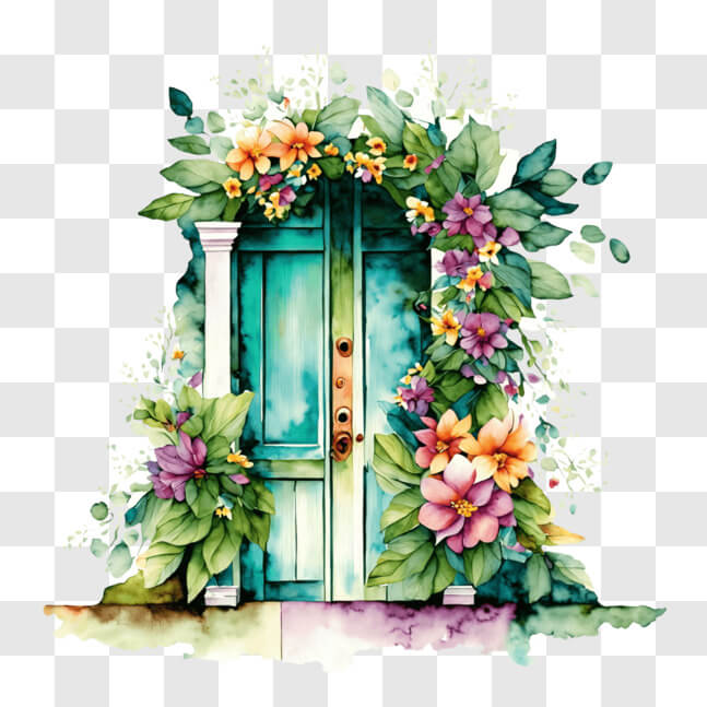 Download Watercolor Painting of Open Door with Colorful Flowers PNGs ...