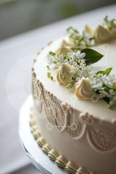Elegant White Cake with Floral Decorations stock photo | Creative Fabrica