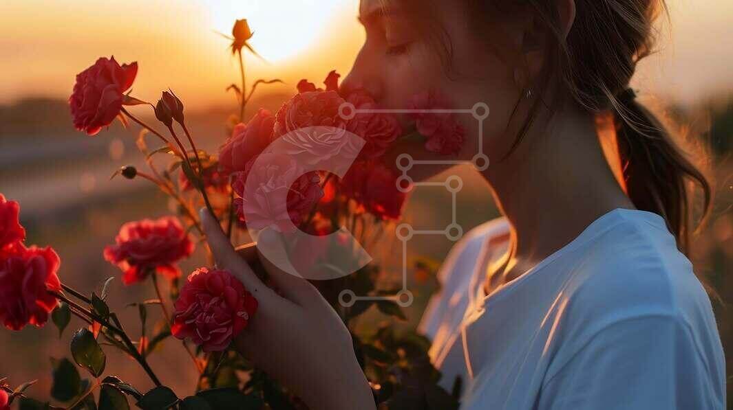 Woman Enjoying the Fragrance of Red Roses at Sunset stock photo ...