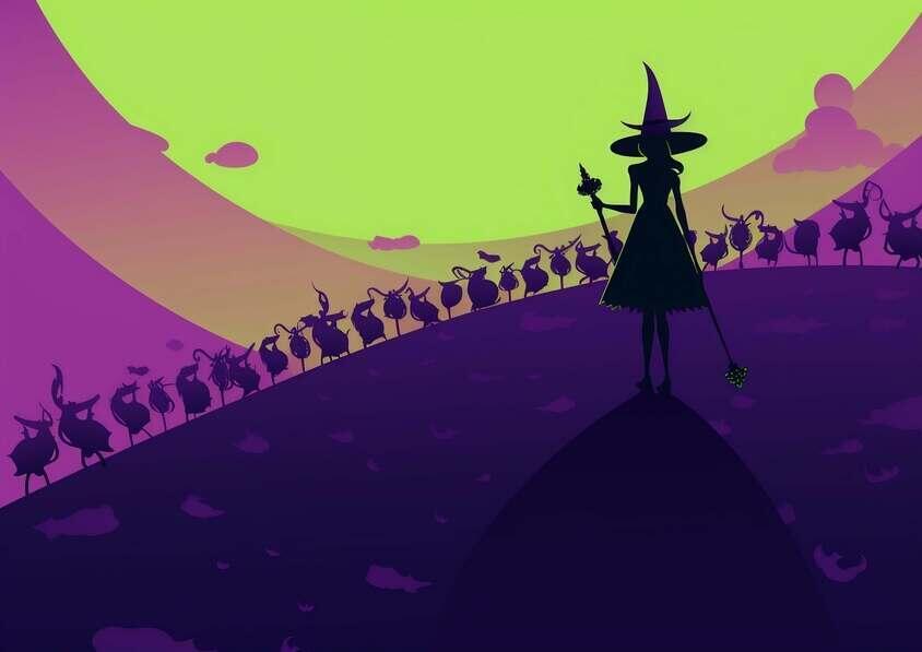 Download Silhouetted Witch with Flock of Sheep in Colorful Landscape ...