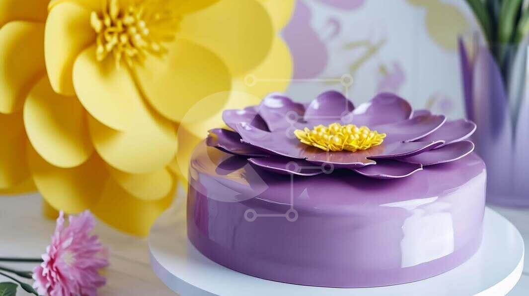 Elegant Purple Flower Cake with Surrounding Flowers stock photo ...