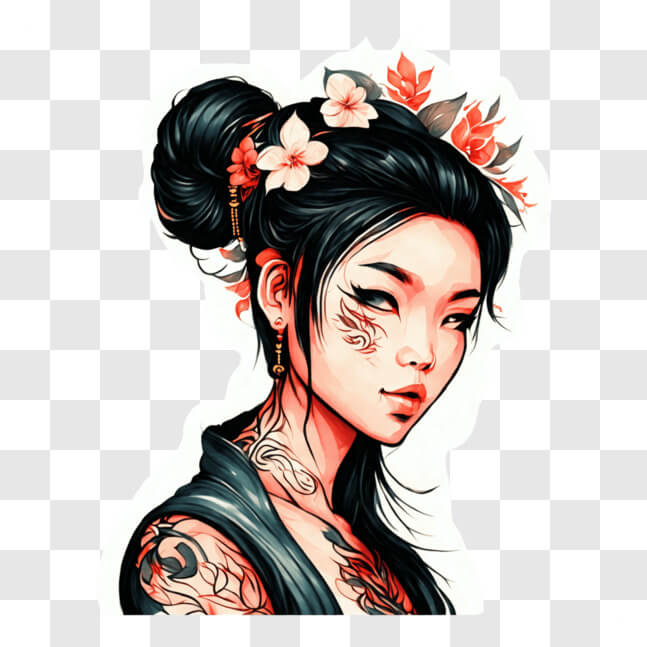 Download Traditional Asian Woman Drawing with Tattoos and Flowers in ...