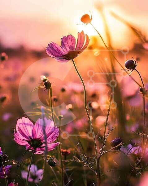 Beautiful Sunset Over a Field of Pink Flowers stock photo | Creative ...