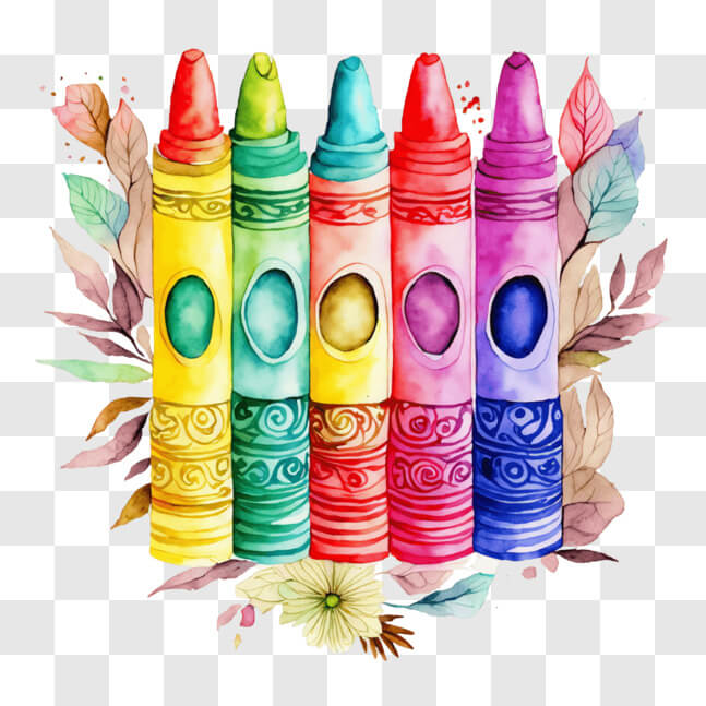 Download Colorful Crayon Watercolor Painting with Flowers and Leaves ...