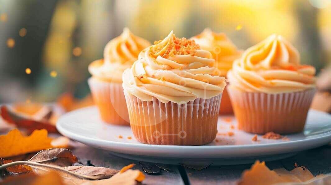 Delicious Autumn-Themed Cupcakes with Orange Frosting stock photo ...