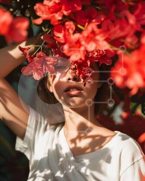 Woman Hiding Behind Red Flowers stock photo | Creative Fabrica