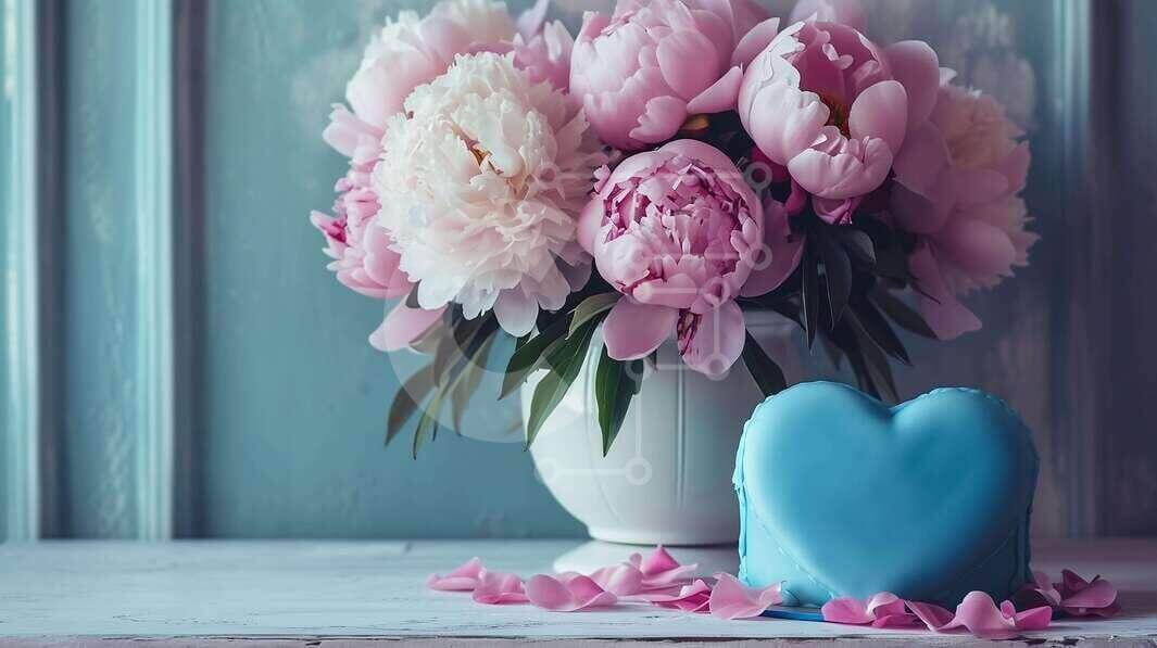 Blue Heart-shaped Cake with Pink Flowers and Peonies stock photo ...