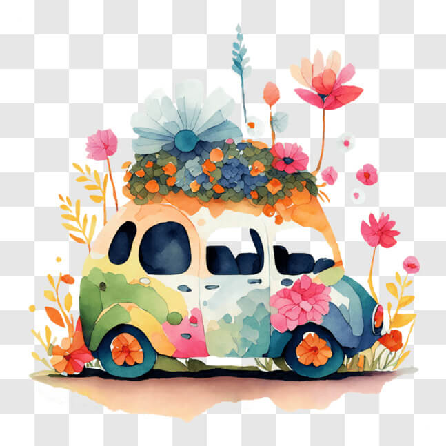 Download Colorful Retro Van with Flower Roof PNGs Online - Creative Fabrica