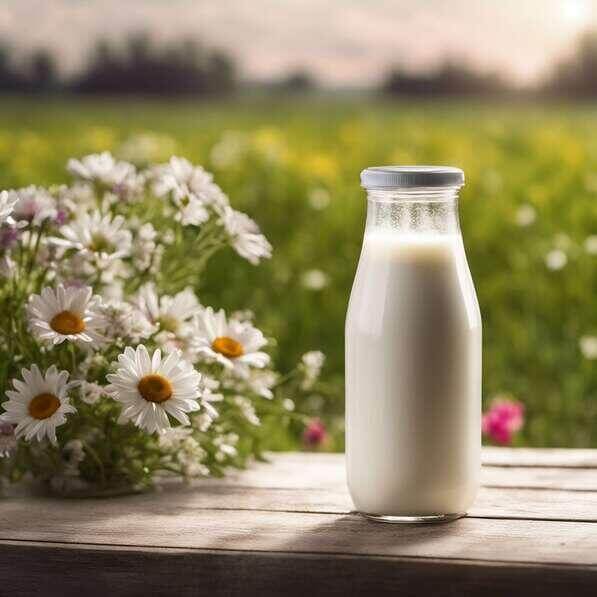 Download Fresh Milk on Outdoor Wooden Table with Flowers Mockups Online ...