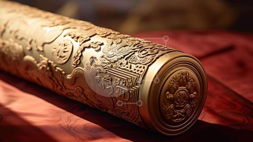 Exquisite Intricately Carved Cylindrical Object on Red Fabric stock ...